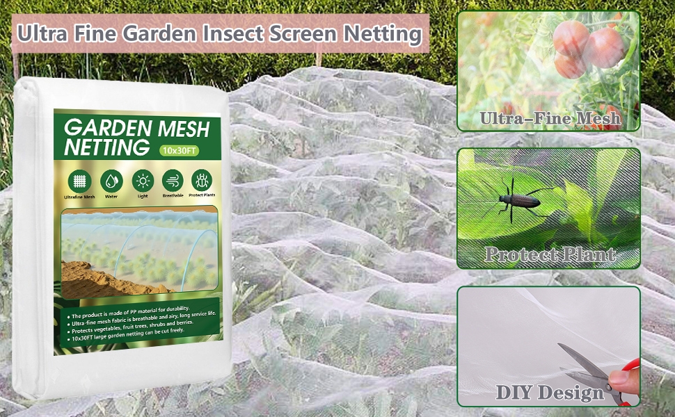 Amazon.com : Garden Netting Kit for Raised Beds, 10x30FT Ultra Fine Mesh Netting＆ 6 Sets of 8FT ...