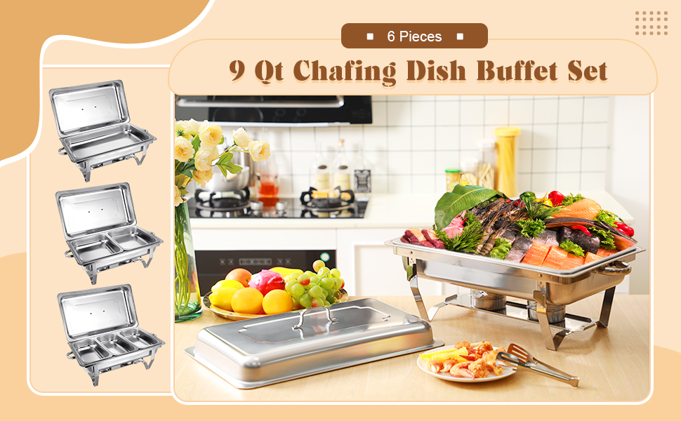 Amazon.com: Hoolerry 6 Pcs Chafing Dish Buffet Set 9 Qt Stainless Steel Chafer Full Size Half ...