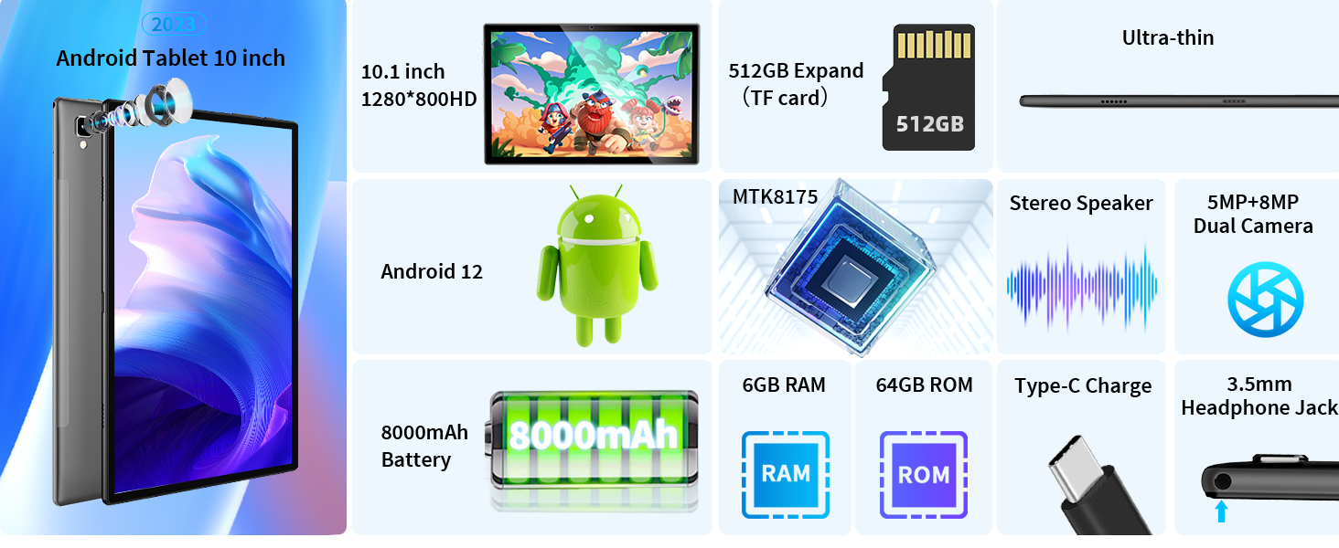 Amazon.com : Android Tablet 2 in 1 Tablet, 10 inch Android 12 Tablet ...