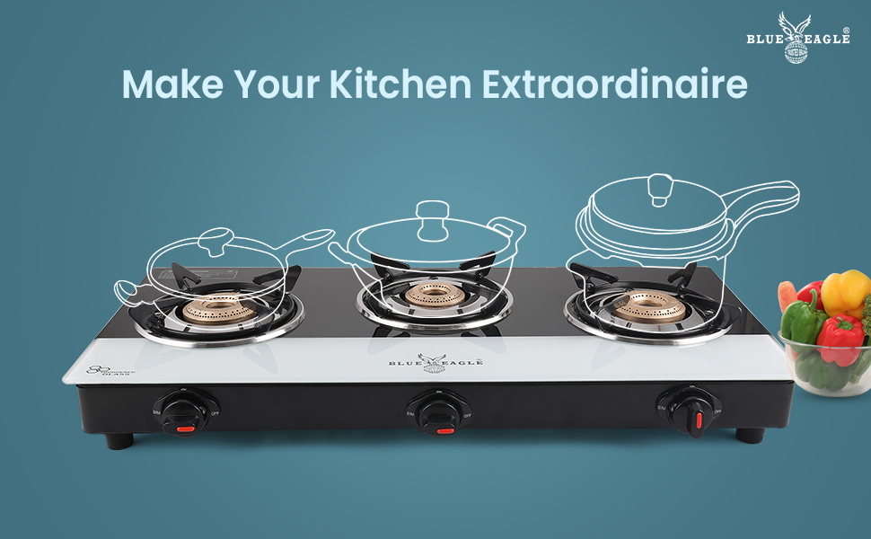 Blue Eagle 3 Burner Auto Ignition with Toughened Glass Gas Stove Cooktop | High Efficiency Cast ...
