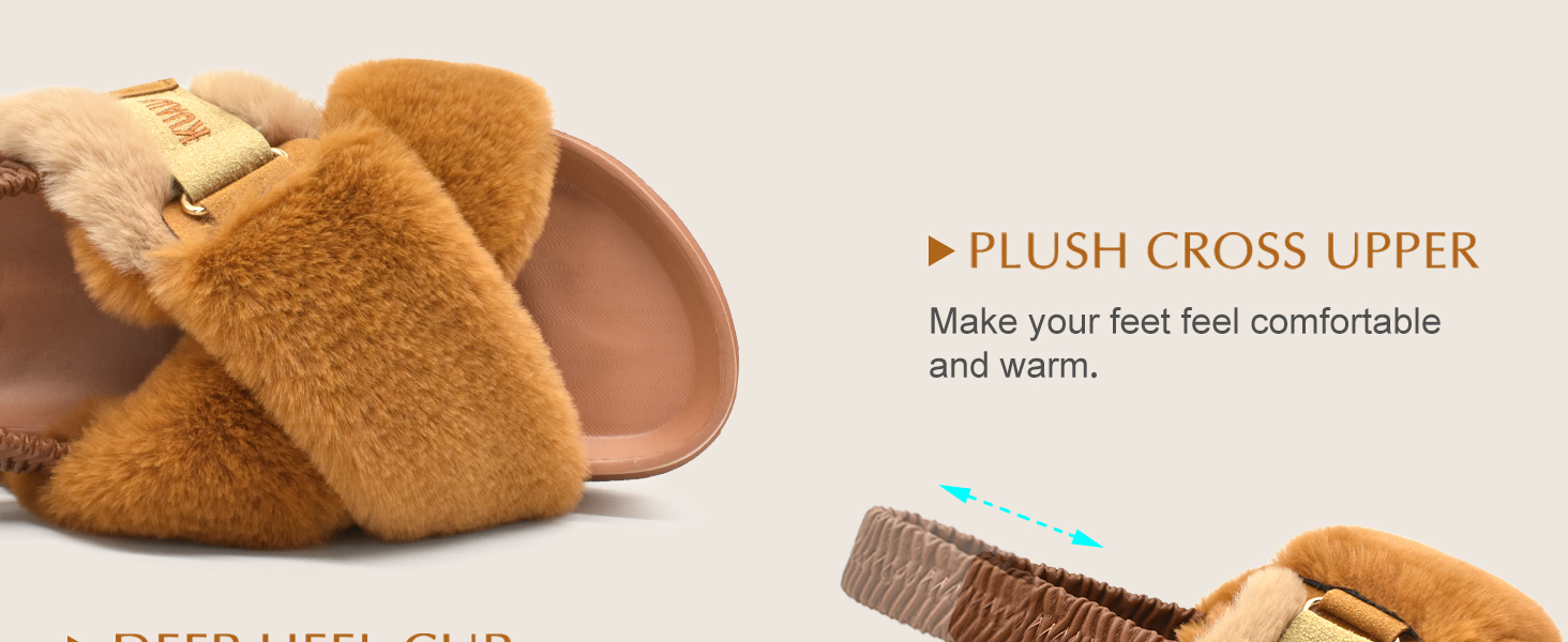 Amazon.com | KuaiLu Womens Fuzzy Criss Cross Band Platform Slippers Arch Support Furry Faux Fur ...