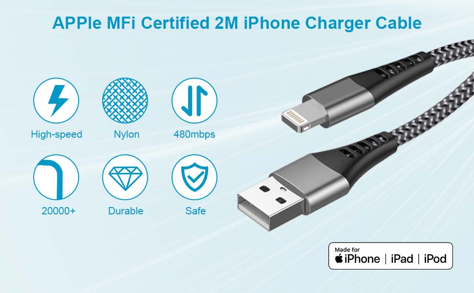 iPhone Charger Cable 2M 2Pack, MFi Certified USB to Lightning Cable 2M iPhone Charging Cable ...