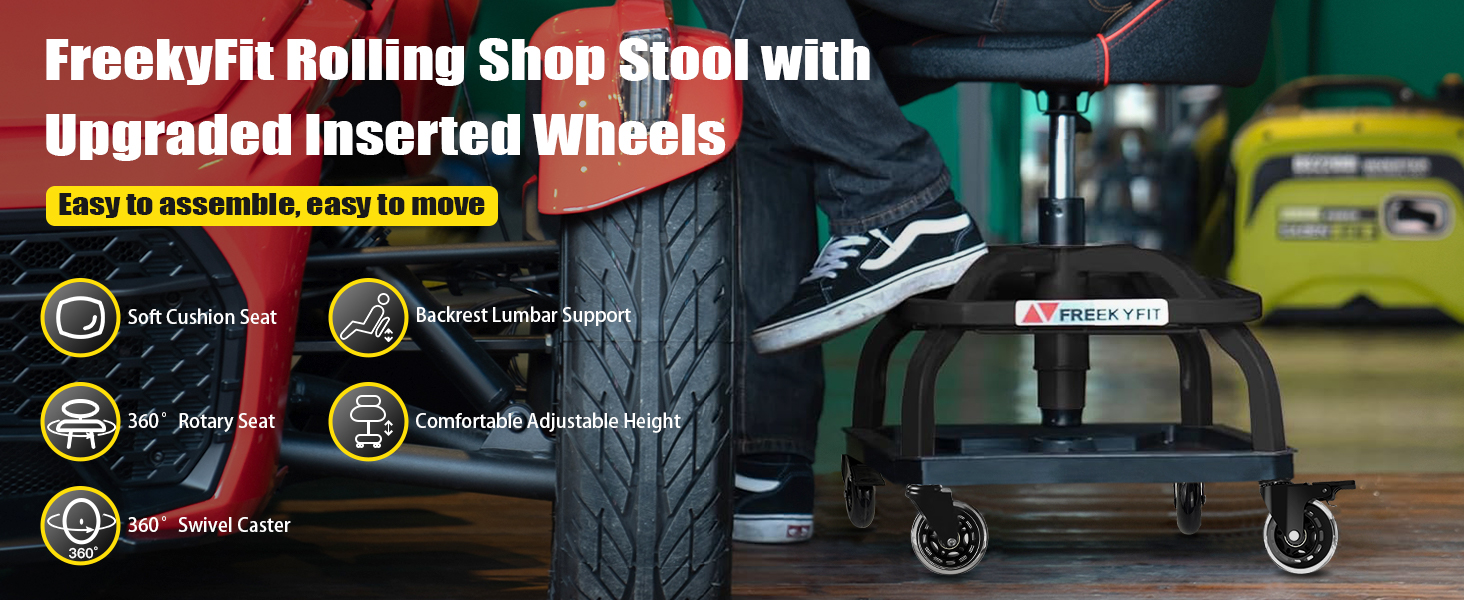 Amazon.com: FreekyFit Rolling Shop Stool with Wheels, Garage Work Mechanic Stool with Backrest ...