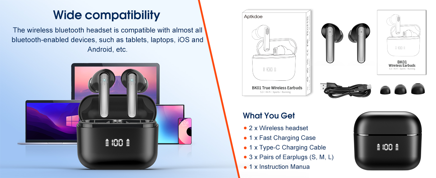 Aptkdoe Wireless Earbuds, Bluetooth 5.3 Headphones with ENC Noise ...