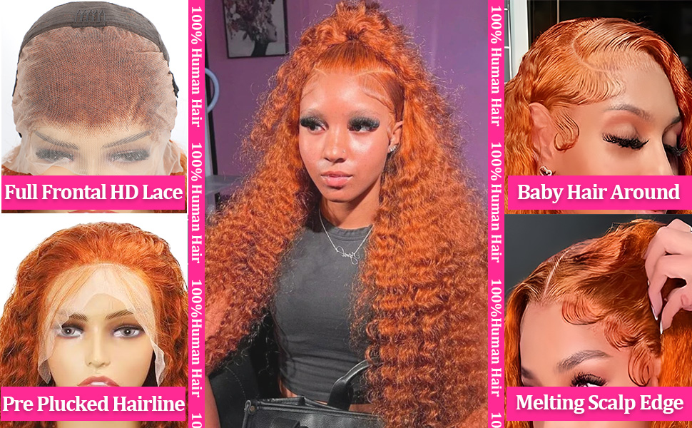 Amazon.com : SOEZ 26 Inch Ginger Orange Lace Front Wigs Human Hair Deep Wave 13x4 HD Transparent ...