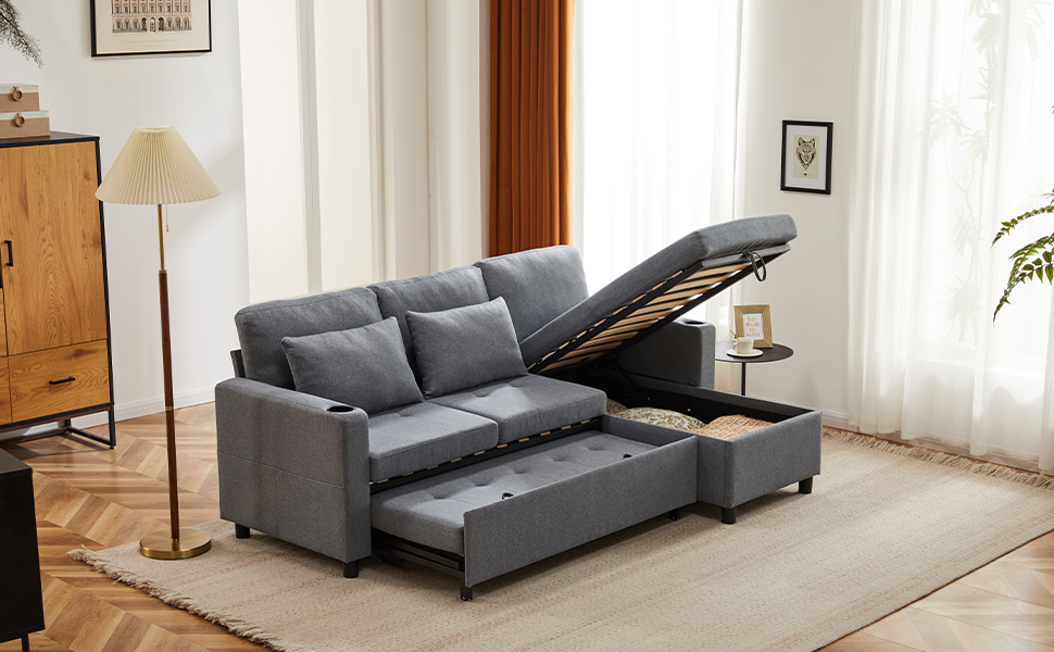 BTM 3 Seater Sofa, L Shape Sofa Bed, Corner Sofa Bed with Storage, Pull Out Sofa Bed with 2 Cup ...