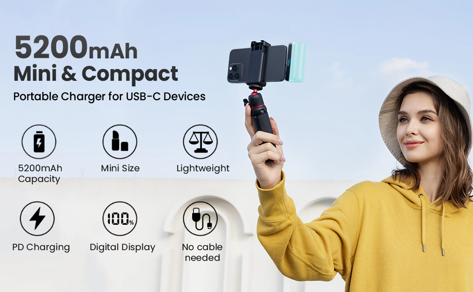 Feob Mini Power Bank Portable Charger 5200mAh for iPhone 15 Series, PD USB C Battery Pack with ...