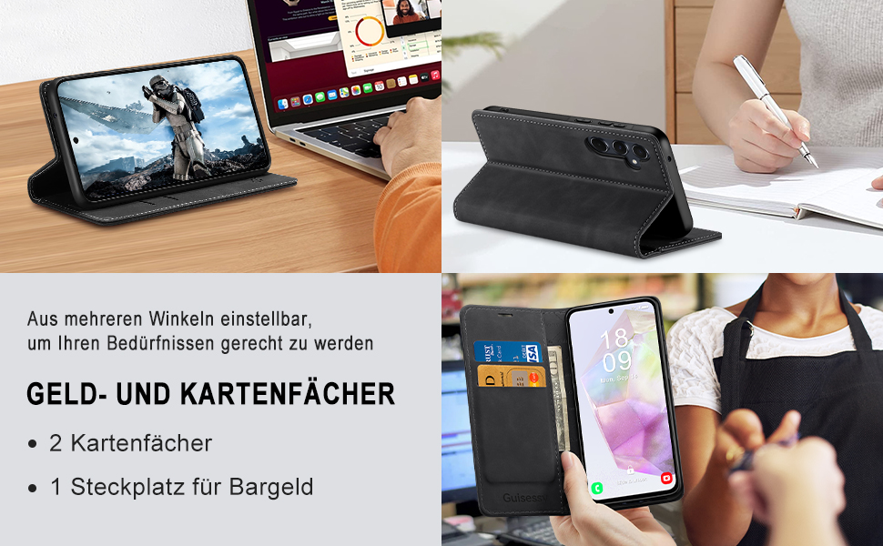 Guisessy Handyhülle für Samsung Galaxy A35 5G Hülle Leder und 2 Schutzfolie, Premium Klappbar ...