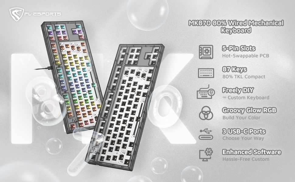 Amazon.com: FL ESPORTS MK870 CMMK 87 Keys RGB Modular Mechanical Keyboard, 80% TKL Wired Gaming ...