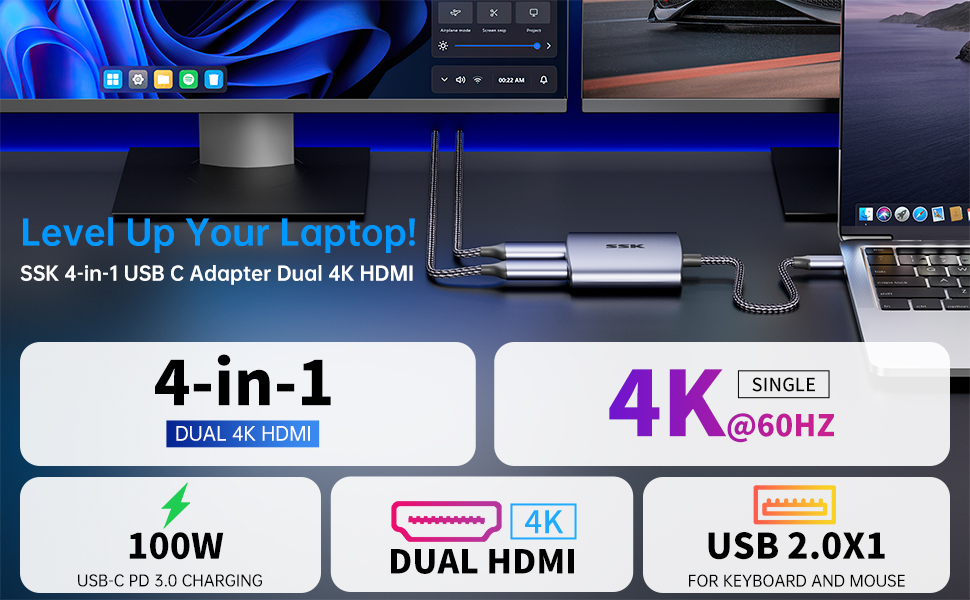 SSK - Adaptador USB C a HDMI dual 4K/60Hz divisor HDMI 4 en 1 para múltiples monitores adaptador ...