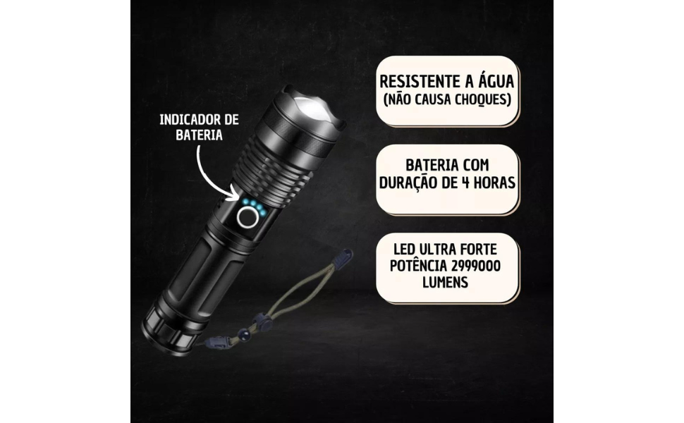 Super Lanterna Tática T9 Militar: LED de Alta Intensidade, Zoom Ajustável, USB Recarregável para ...