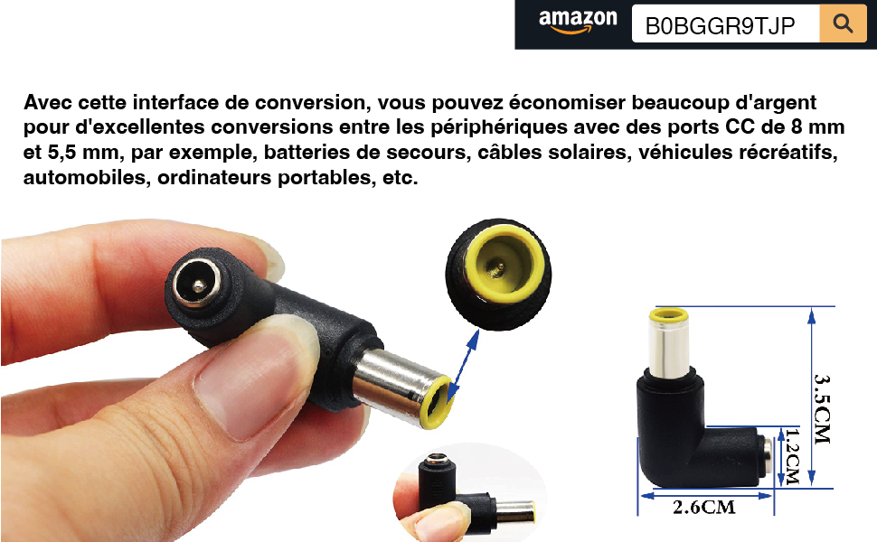 90 Degrés DC7909 8 mm mâle vers DC 5,5 mm femelle Adaptateur de connecteurs pour Jackery ...