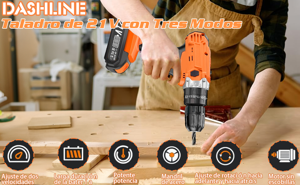 Taladro inalámbrico de 21V con 3 Modos de Atornillado/Taladrado/Impacto,Ajuste de Par de 25+3 ...