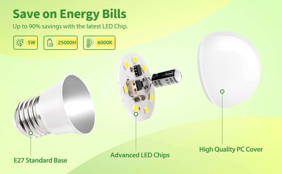 VIIIVA E27 Screw Light Bulbs 5W, Cool White 6000K, (45W Equivalent) Energy Saving, 450LM E27 LED ...