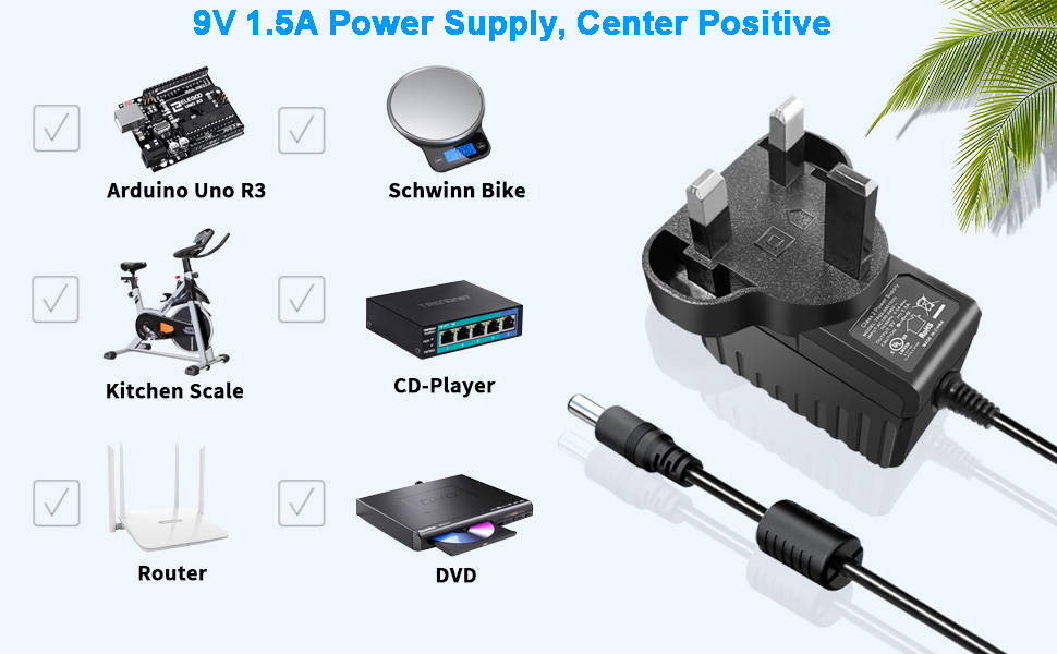 9V 1.5A AC/DC Power Supply Adapter Center Positive 5.5mm x 2.1mm for ...