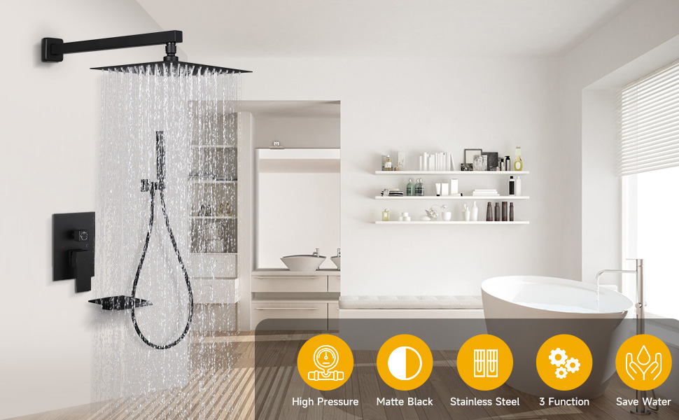 Matte Black Shower System with 10 Inches Rain Shower Head and Handheld Spray Tub Shower Faucet ...