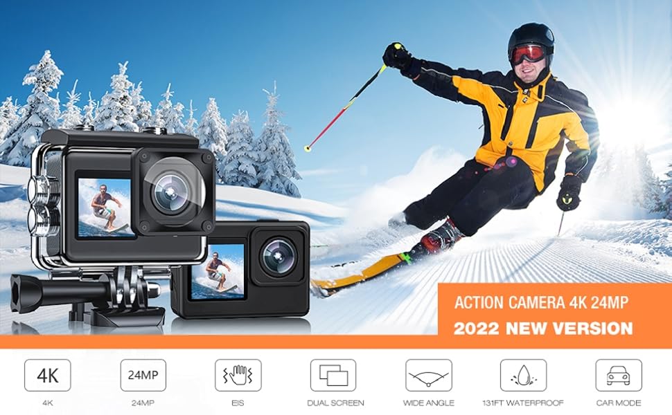 AUSEK® 4K Action Camera 60fps with Anti-Shake EIS Stabilization, 24MP Photo Resolution, 4X ...