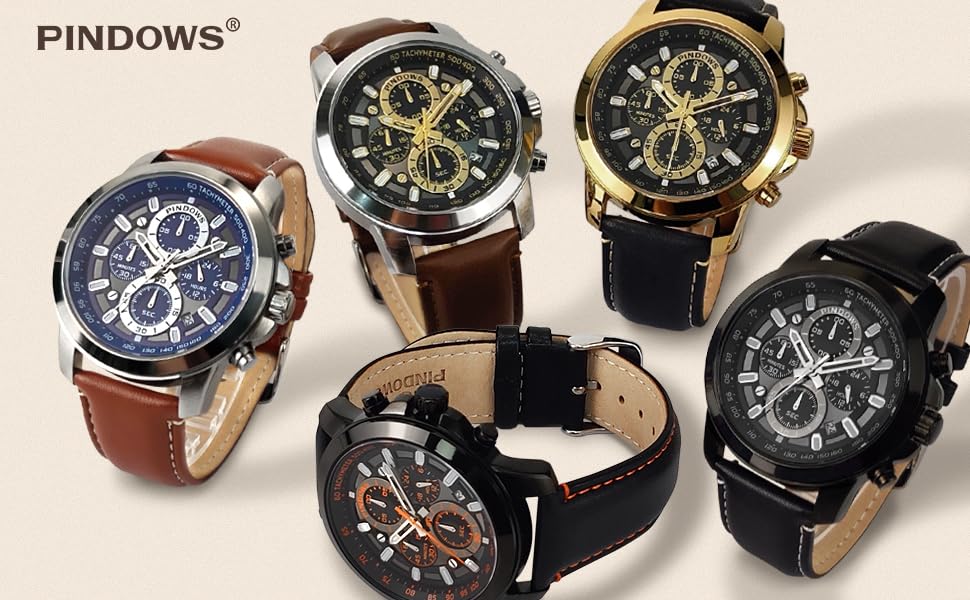 PINDOWS Watch for Men Analog Quartz Chronograph Waterproof Luminous Wrist Watches with Leather ...
