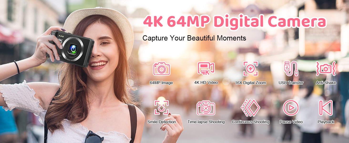 4K 64MP Digital Camera with 32GB SD Card, Autofocus Compact Camera for Photography, Portable ...