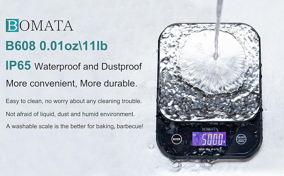 Amazon.com: BOMATA Waterproof Food Scale, 0.01oz/0.1g High Precision, 11lb/5kg, Washable, USB ...