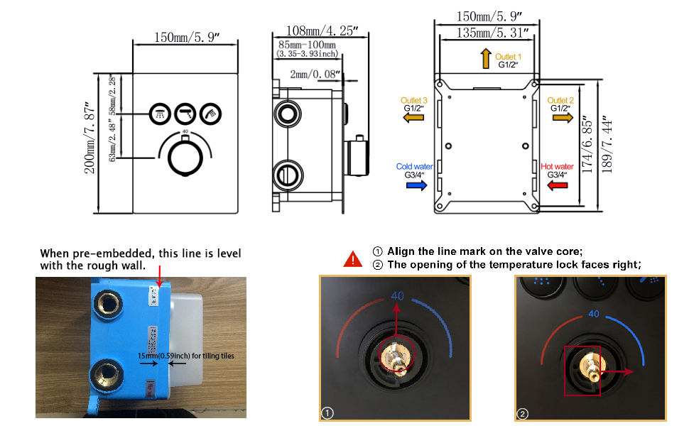 3 Way Shower Mixer Valve Kit, Modern Push-Button Thermostatic Shower ...