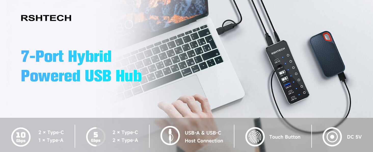 RSHTECH Powered USB Hub, 7-Port USB-C Hub Splitter with 3x 10Gbps USB 3 ...