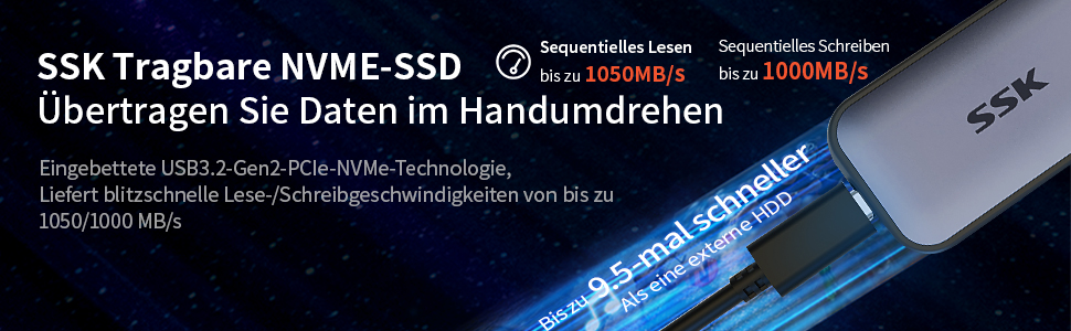 SSK 1 TB tragbare Externe NVME-SSD, bis zu 1050 MB/s, Extreme Übertragungsgeschwindigkeit, USB 3 ...