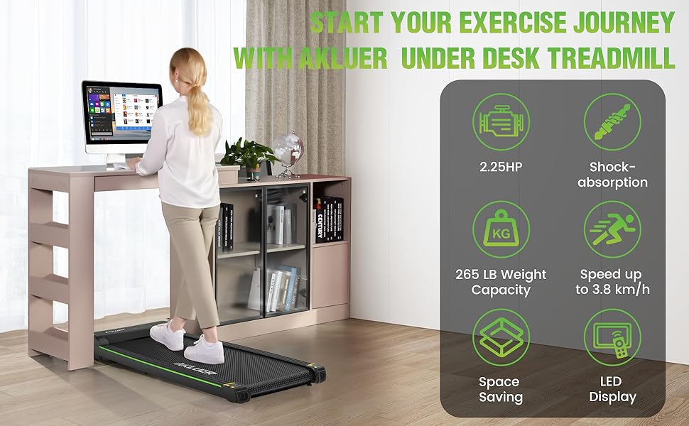 AKLUER Under Desk Mini Treadmill, Portable Walking Treadmill with IR Remote, 2.25 HP Motor, 265 ...
