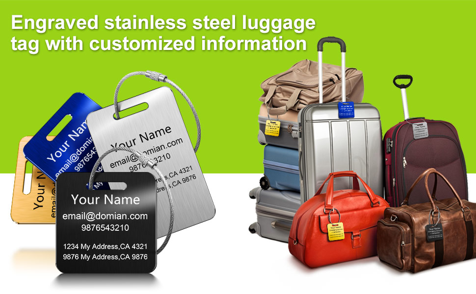 Amazon.com: Stainless Steel Personalized Luggage Tags for Suitcases - Custom Name ID Travel Tags ...