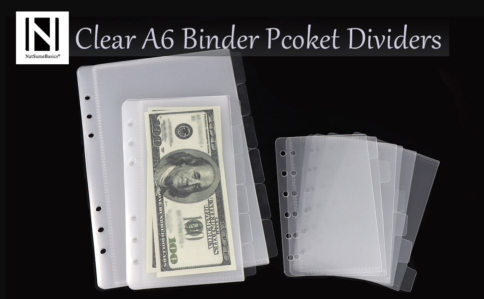 NatSumeBasics 6pcs A6 Binder Pocket Dividers Zipless Tabbed Cash Envelopes Clear Inserts With ...