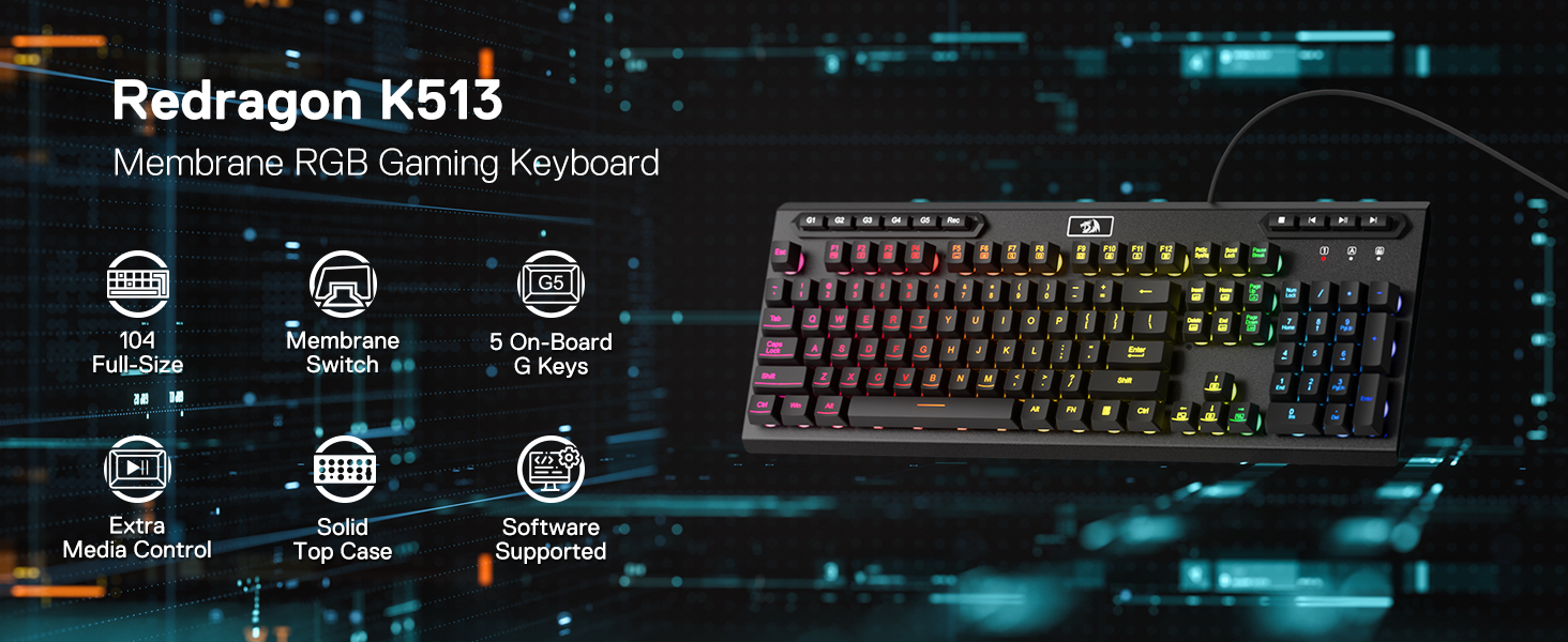 Redragon K513 RGB Membrane Gaming Keyboard, Standard 104 Keys Linear ...