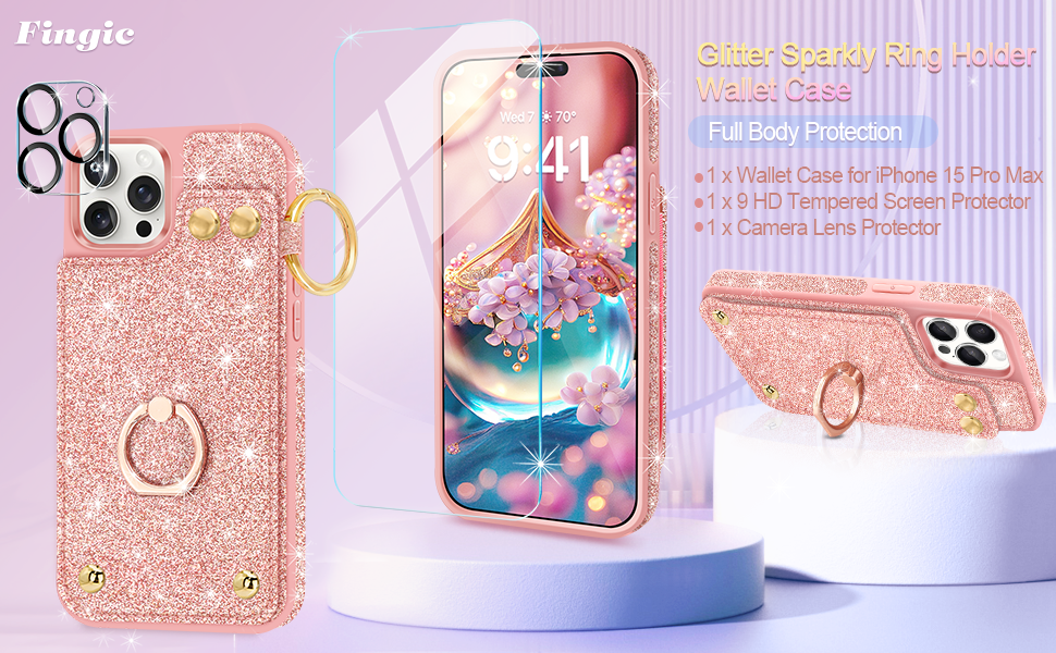 Amazon.com: Fingic for iPhone 15 Pro Max Wallet Case[with Card Holder][1*Screen Protector+Camera ...