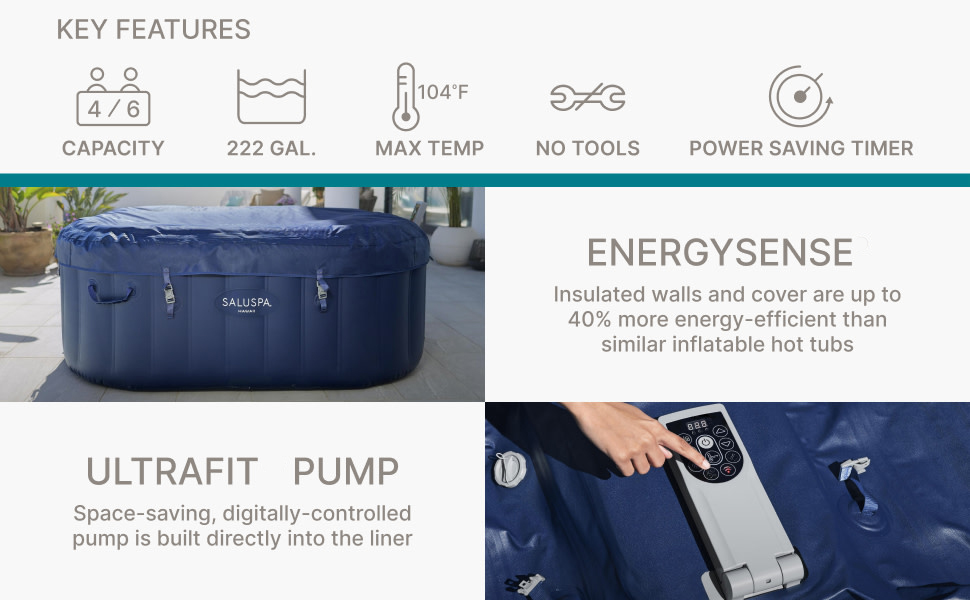 Amazon.com : Bestway SaluSpa Hawaii Smart AirJet Inflatable Hot Tub Square Portable 4 to 6 ...
