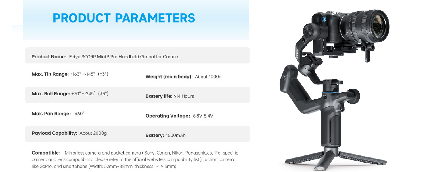 Amazon.com : FeiyuTech SCORP Mini-3-Pro Gimbal Stabilizer for Camera Mirrorless/Compact/Action ...