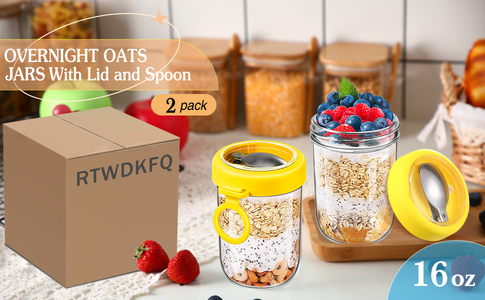 Amazon.com: RTWDKFQ 2Pack Overnight Oats Containers With Lids and Spoons,16-Oz Glass Mason Jars ...