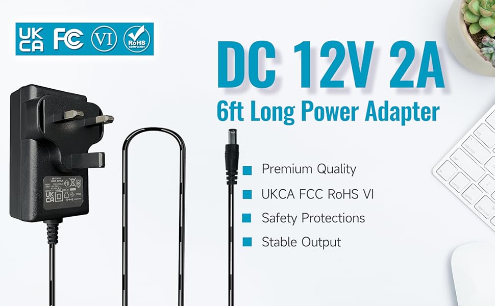 12V 2A 24W 1.8M Long Power Supply Adapter, AC DC Switching Adapter (Input 100-240V, Output ...