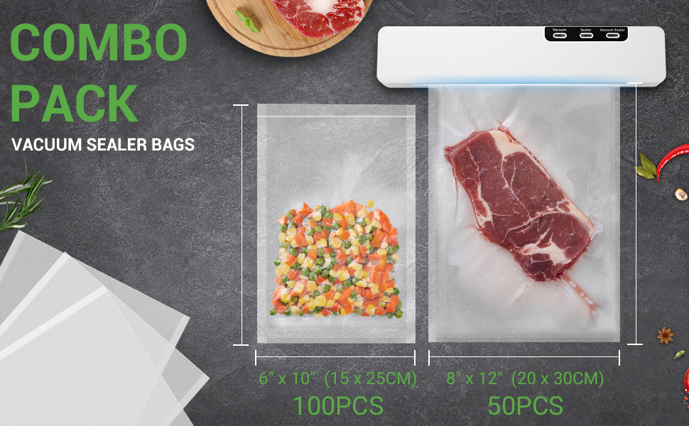 Vacuum Sealer Bags 100 Size Pint 6" x 10" and 50 Quart size 8" x 12" for Food Saver Vacuum ...