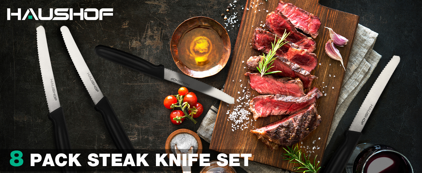 Amazon.com: HAUSHOF Steak Knives Set of 8, Serrated Steak Knives, Premium Stainless Steel Steak ...