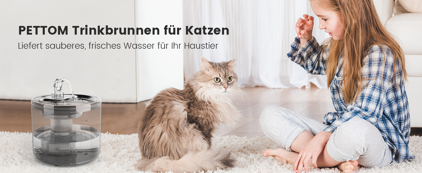 PETTOM Katzenbrunnen, Trinkbrunnen für Katze 2,6L, Wasserbrunnen für Katzen Transparent mit ...