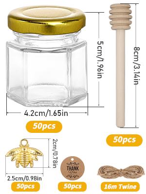 Mini Glass Honey jars-1.5oz, 50 pcs Hexagon Honey Jars with Wooden Dipper,Gold Lid,Bee Pendants ...