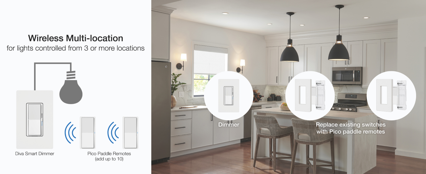 Lutron Diva Smart Dimmer Light Switch 3-Way Kit for Caseta Smart Lighting, w/Plate, Pico Remote ...