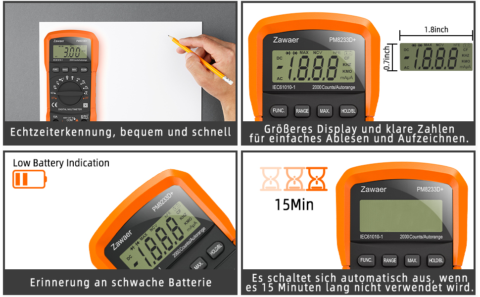 Zawaer Digital Multimeter, Auto-Rang Strommessgerät, AC/DC-Ampere-Ohm-Spannungsprüfer ...