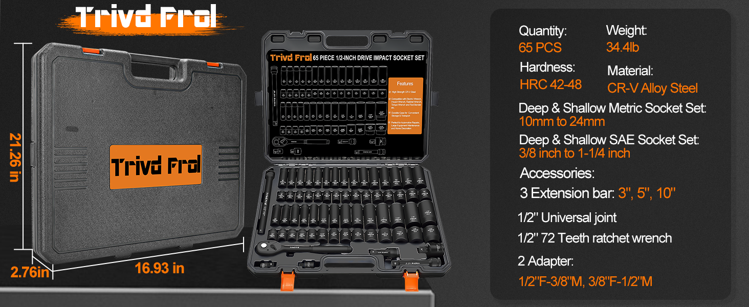 Impact Socket Wrench Set 1/2" Drive - Trivd Frol 65pcs Impact Socket Set Metric and Standard ...