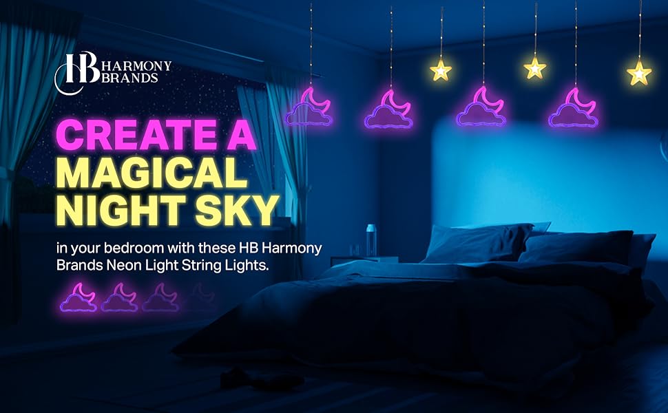 HB Harmony Brands Neon Light String Lights – Clouds and Moon Star Lights for Bedroom– Neon Signs ...