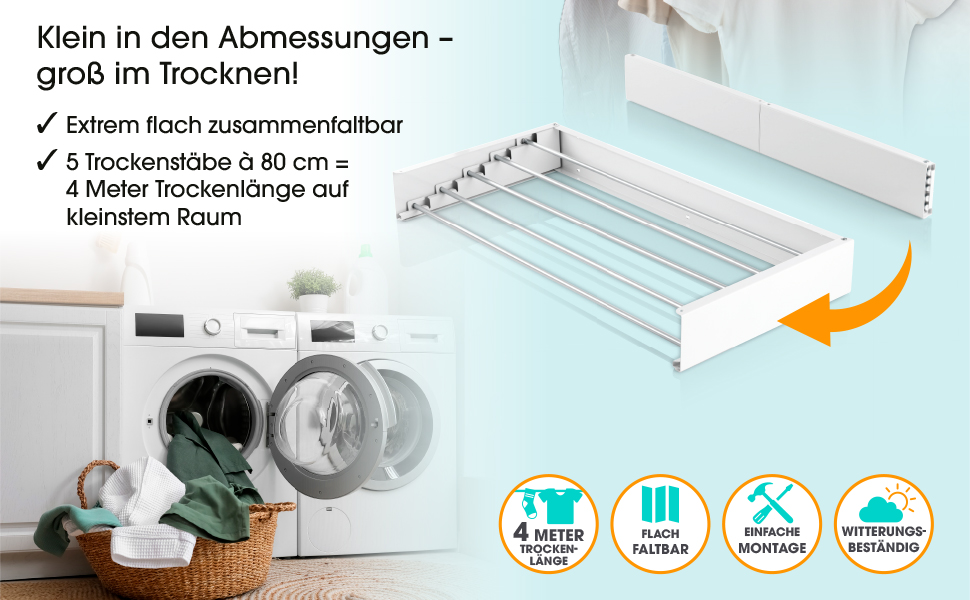 EASYmaxx Wandtrockner platzsparend ausziehbar, Edelstahl Wäscheständer zur Wandmontage, 80 cm ...