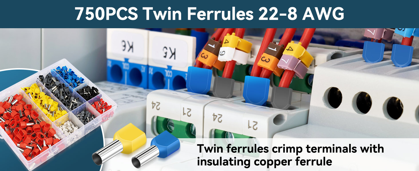 Lytool Double Wire Ferrule Kit 8-22 AWG, 750Pcs Dual Bootlace Ferrule ...