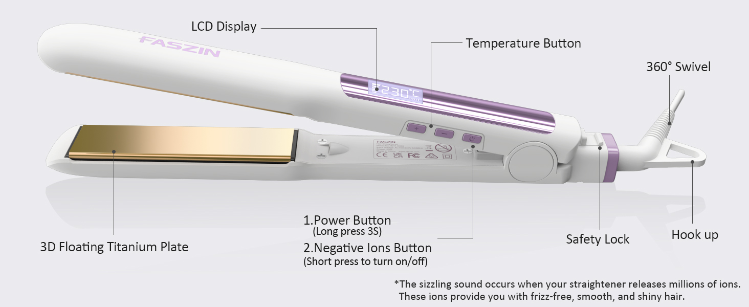 Faszin Hair Straightener, Fast Heating Titanium Flat Iron with Negative Ion for Smooth Hair, 2 ...