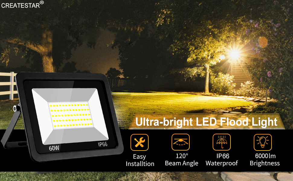 60W LED Flood Light, 6000lm 3000K Warm White Exterior Flood Lighting with Plug, IP66 Waterproof ...