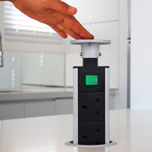 Pop Up Power Socket with 2 USB Charging Ports, Silver Top, 3 UK Plug Sockets Power Strip Hidden ...