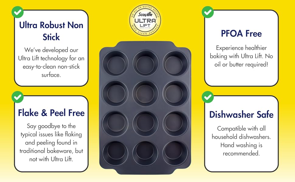 Scoville Ultra Lift 12-Cup Muffin Tray for Oven, Non-Stick Baking Tray ...